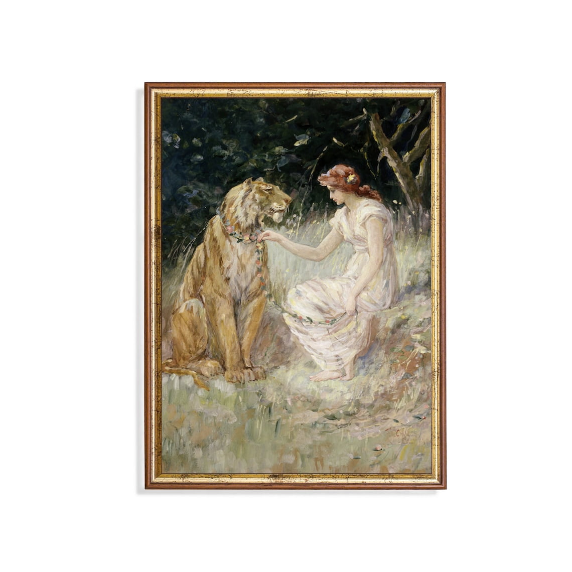 Antique Woman And Lion Poster Vintage Allegorical Fairy Tale Art Home ...