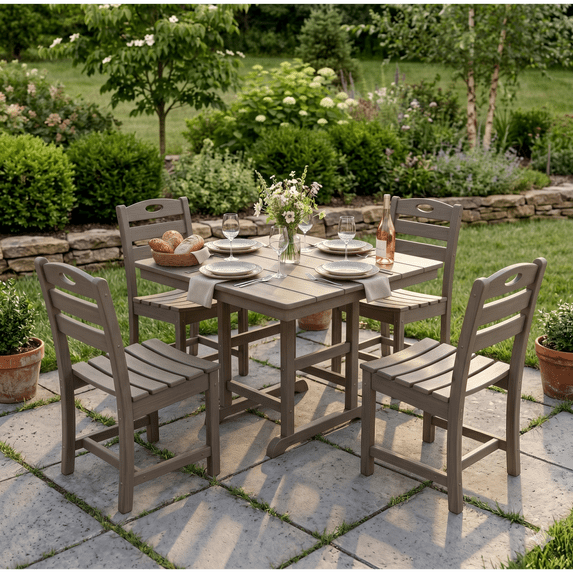 Antique Wood Color HDPE 5-Piece Outdoor Patio Dining Set with Square ...