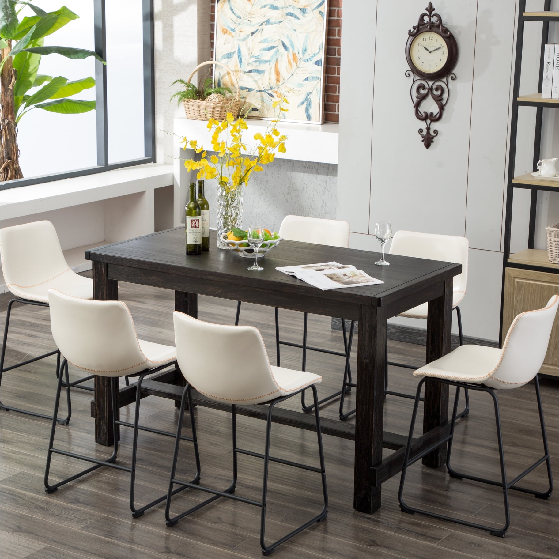 Antique Wood Finished Counter Height Dining With 6 White Chairs ...