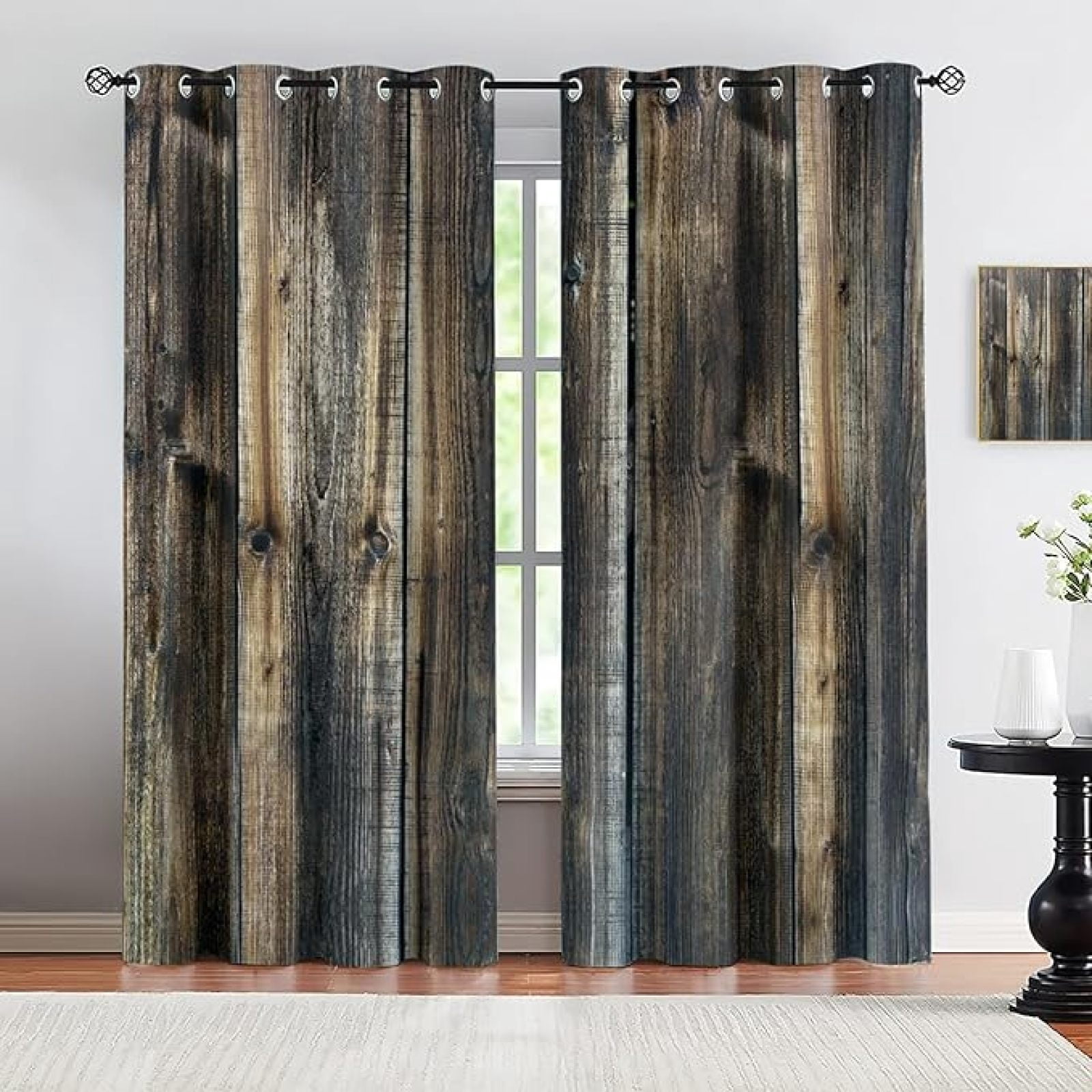 Antique Wood Floor Window Curtain, Vintage Wood Grain Blackout Curtain ...