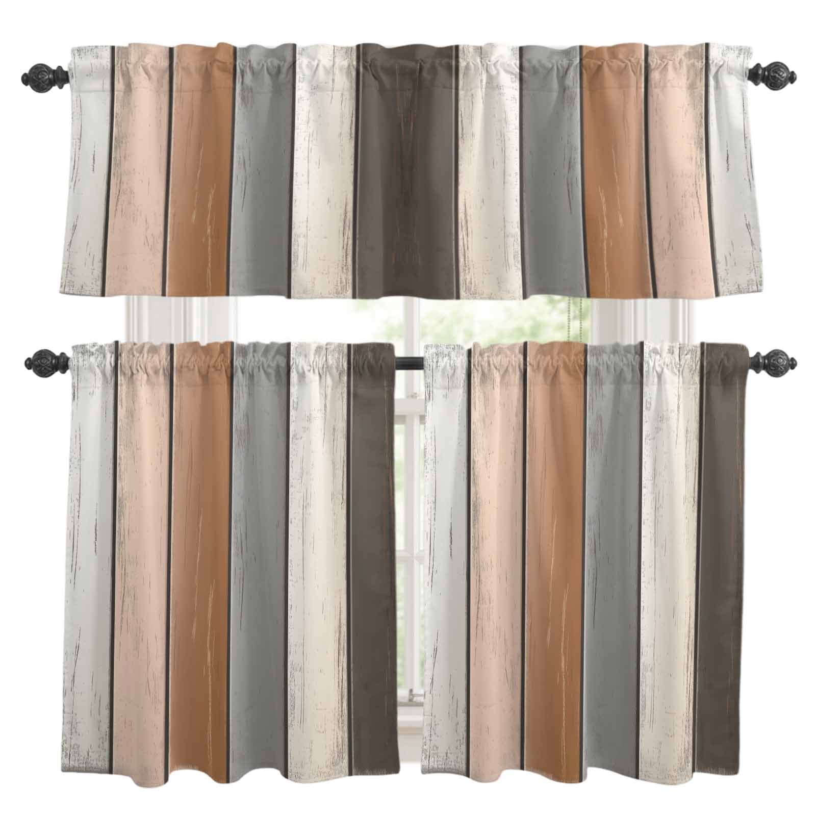 Antique Wood Texture Kitchen Curtains and Valances Set, Brown Beige ...