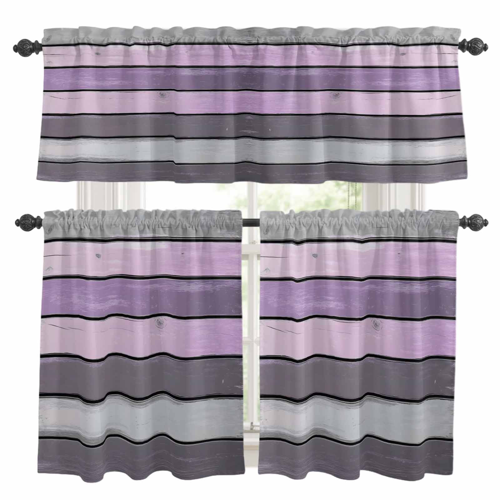 Antique Wood Texture Kitchen Curtains and Valances Set, Purple Grey ...