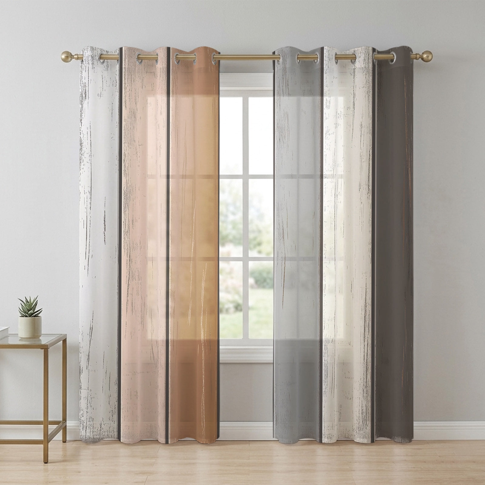 Antique Wood Texture Sheer Curtains 90 Inch Long 2 Panels, Brown Beige ...