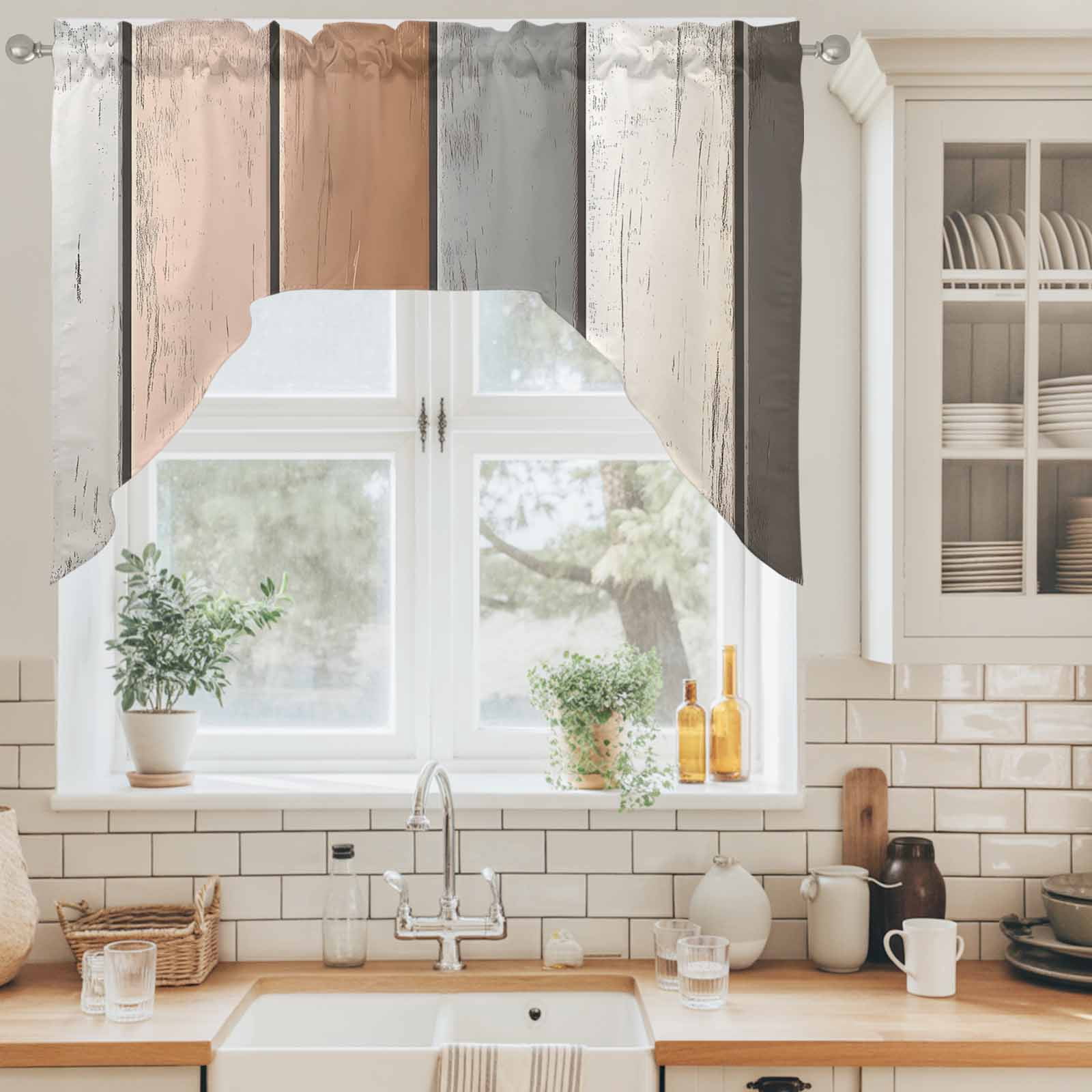 Antique Wood Texture Swag Curtain Valance for Windows, Brown Beige ...