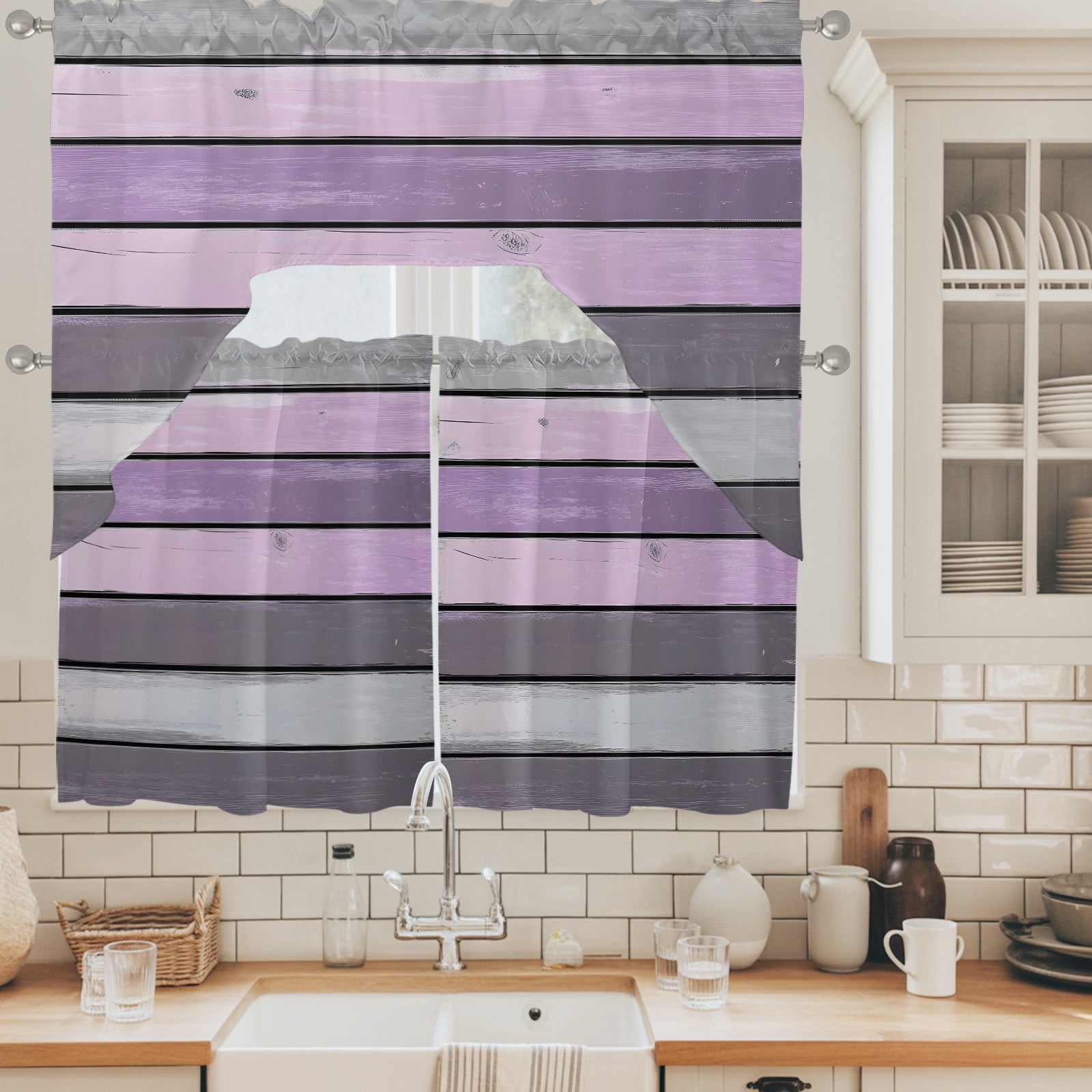 Antique Wood Texture Swag Curtains Valance and Tier Set, Purple Grey ...