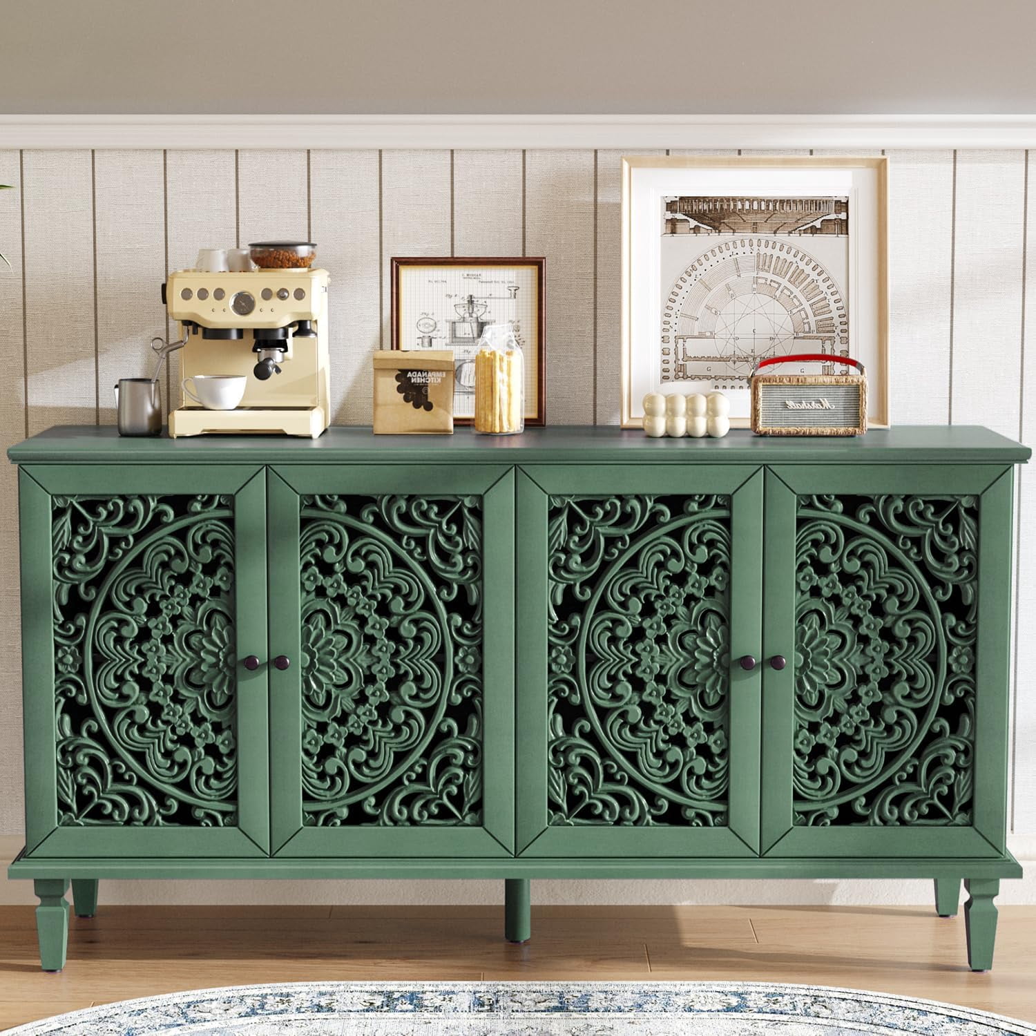 Antique Wooden Carved Buffet Cabinet, 2-Door 1-Shelf Hollow Carved ...