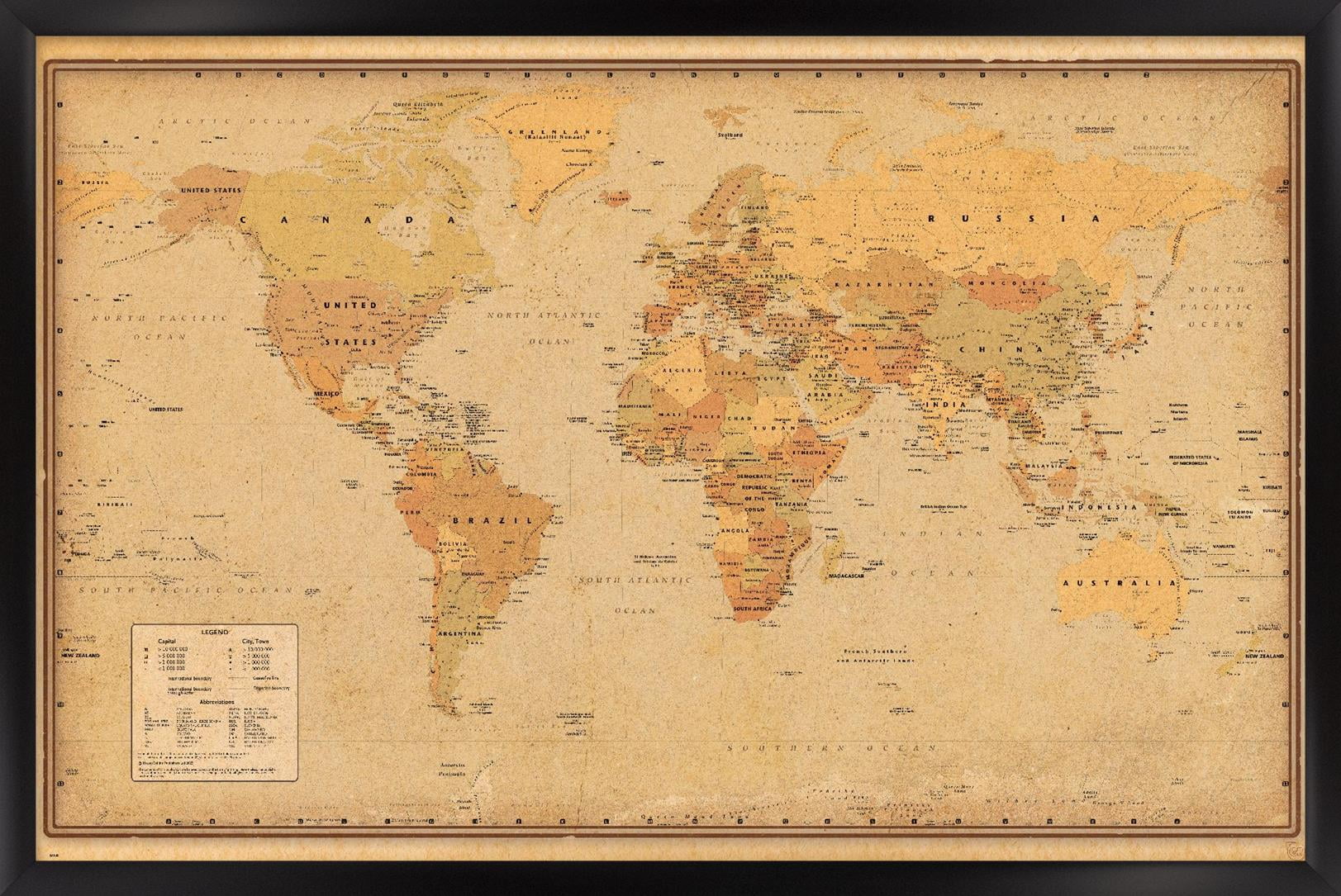 Antique World Map 2023 Wall Poster, 14.725" x 22.375" Framed - Walmart ...