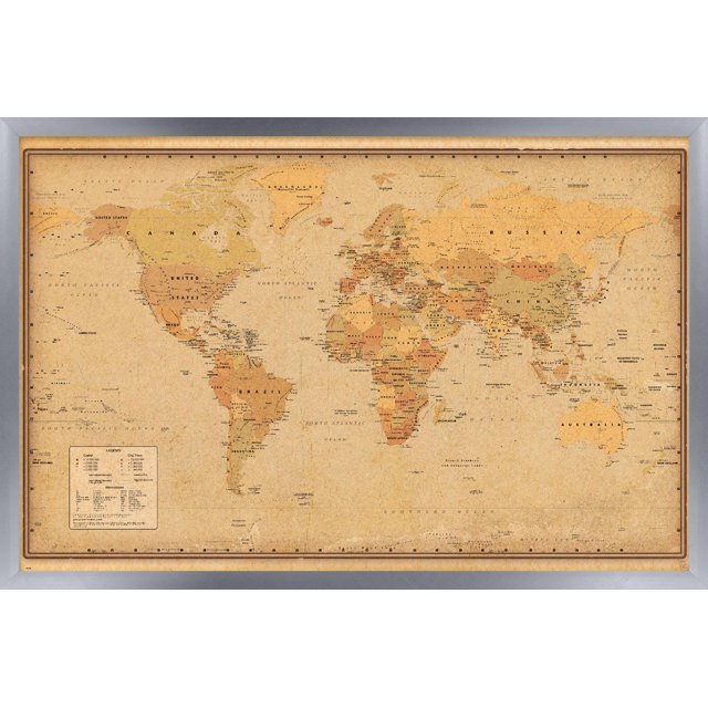 Antique World Map 2023 Wall Poster, 22.375" x 34" Framed - Walmart.com