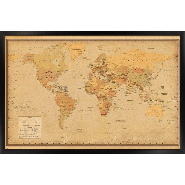 Antique World Map 2023 Wall Poster, 22.375" x 34" Framed - Walmart.com