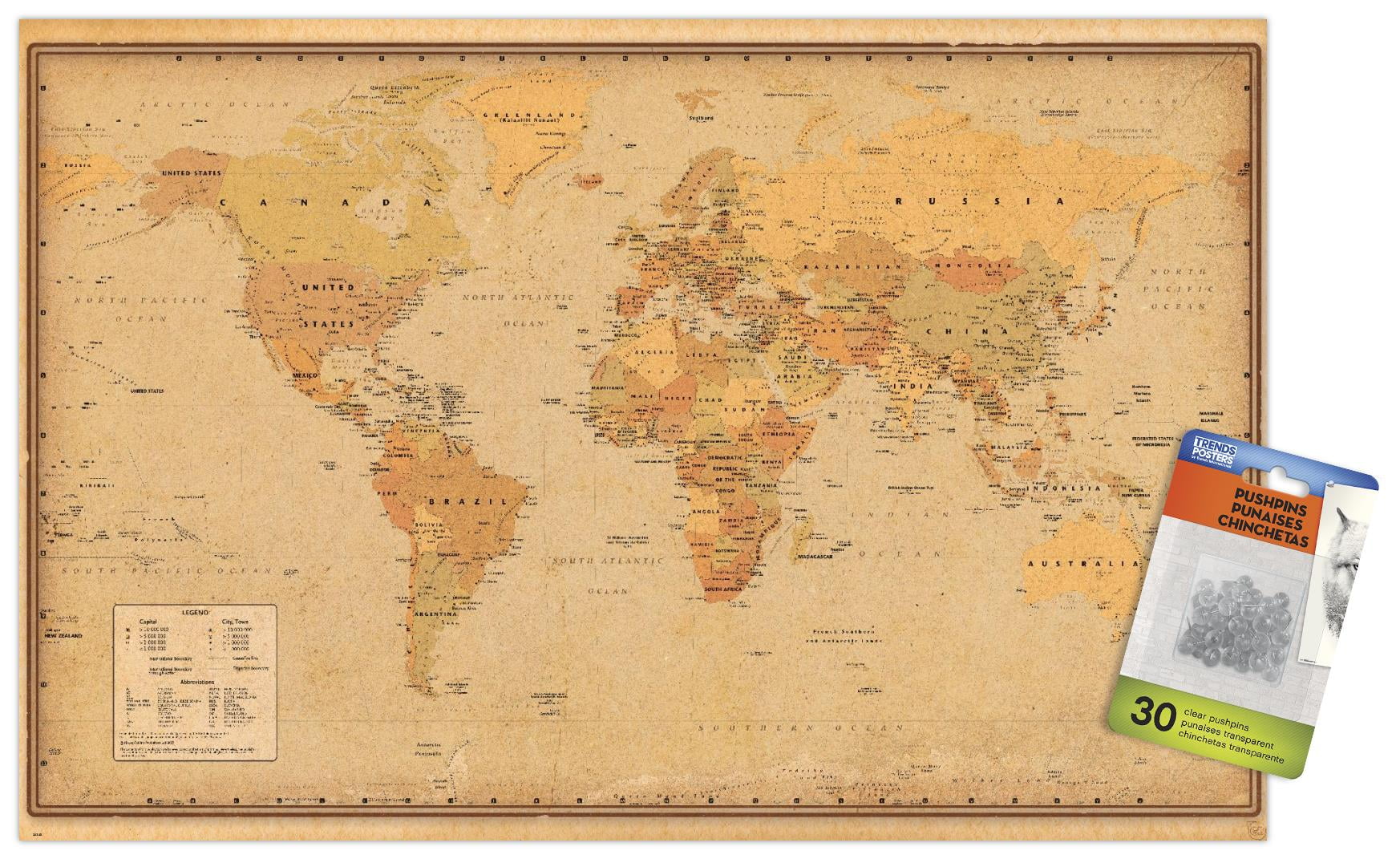 Antique World Map 2023 Wall Poster with Push Pins, 14.725" x 22.375 ...