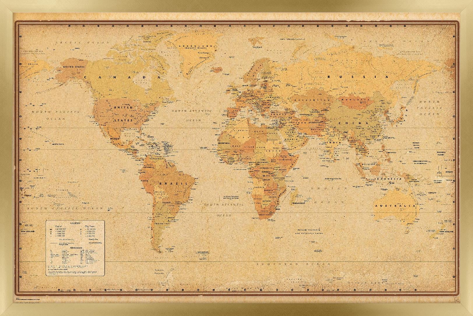 Antique World Map 2024 Wall Poster, 14.725" x 22.375" Framed - Walmart.com