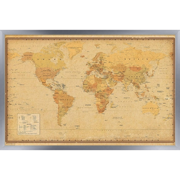 Antique World Map 2024 Wall Poster, 14.725" x 22.375" Framed - Walmart.com