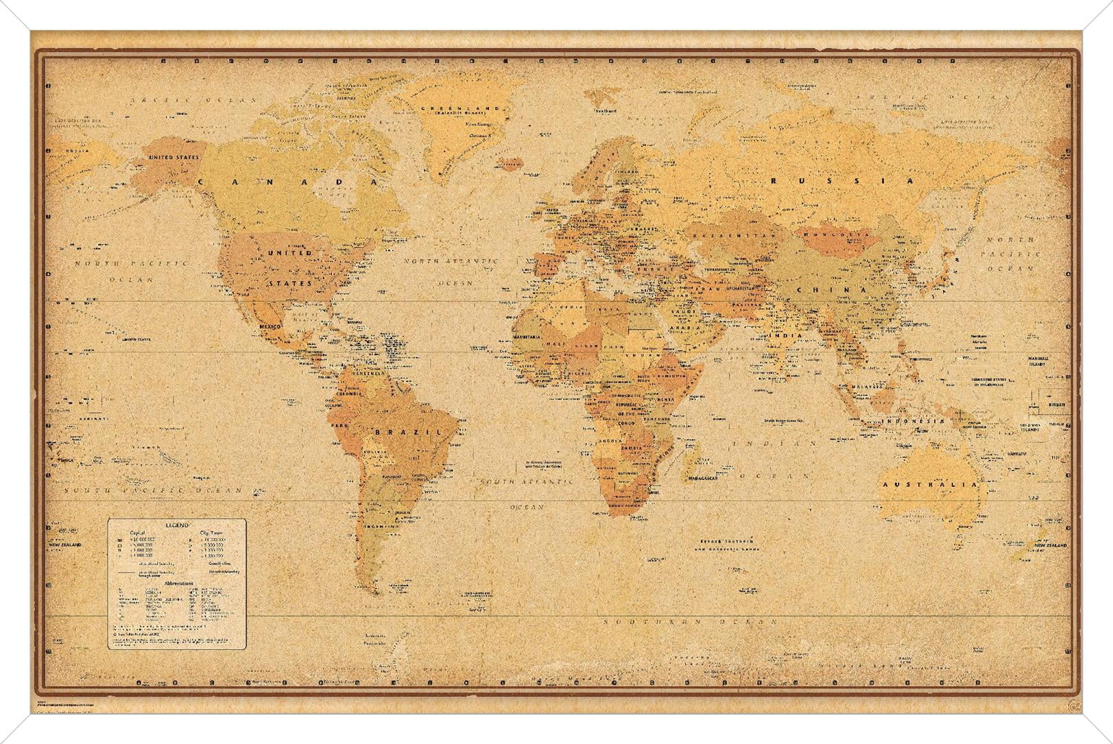 Antique World Map 2024 Wall Poster, 22.375" x 34" Framed - Walmart.com