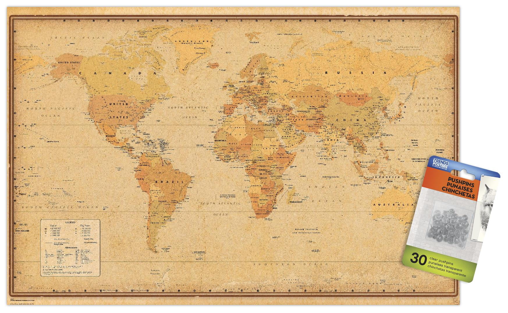 Antique World Map 2024 Wall Poster with Push Pins, 14.725" x 22.375 ...