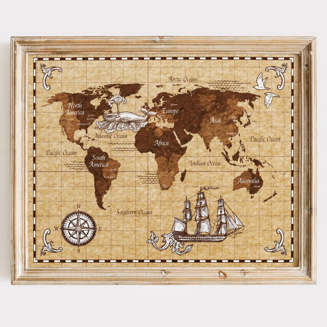 Antique World Map Art Print Vintage Travel Study Or Office UNFRAMED ...