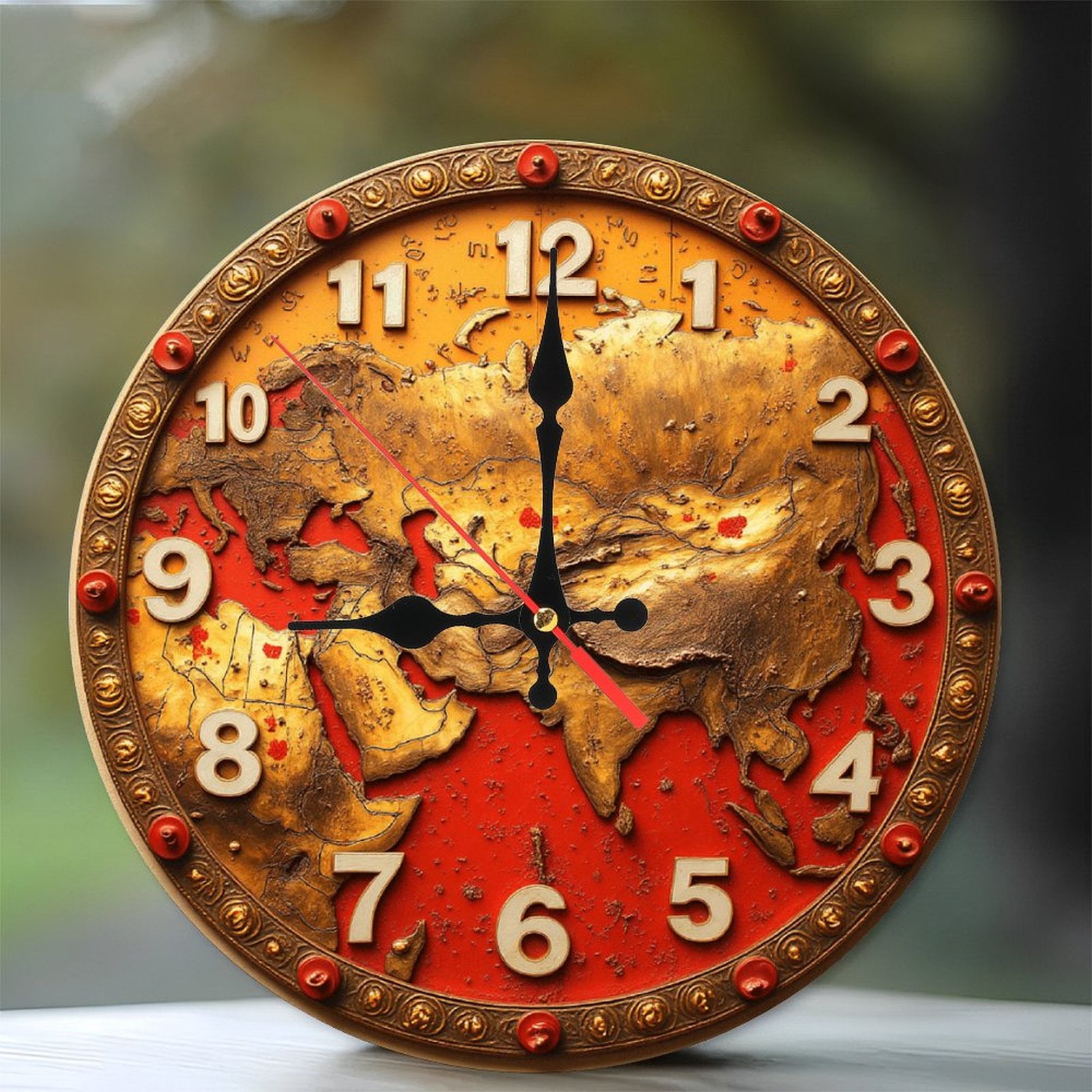Antique World Map Clock Gold Bronze Wall Decor 10-Inch Silent Wooden ...