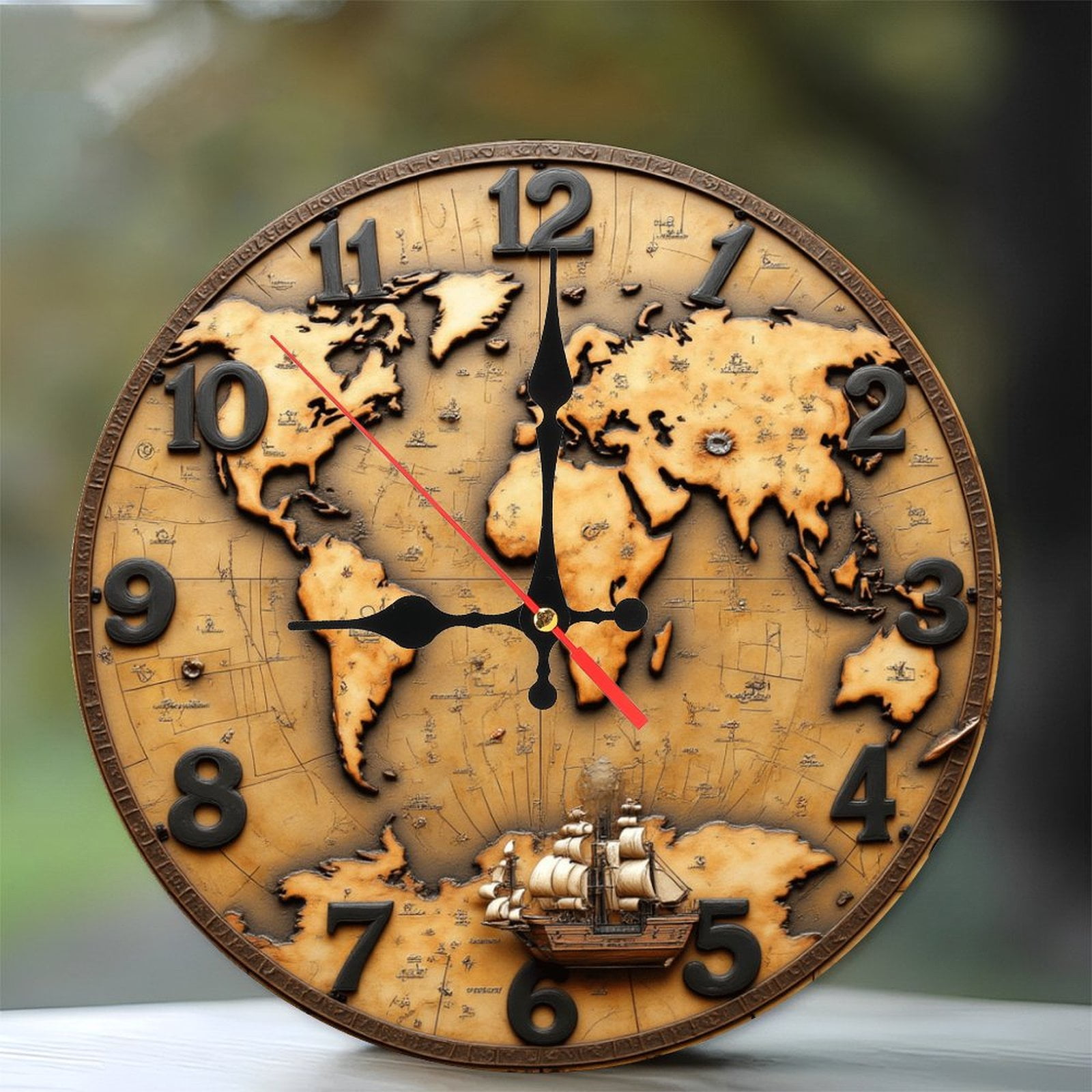 Antique World Map Clock Vintage Sailing Ship Wall Clock 10-Inch Silent ...