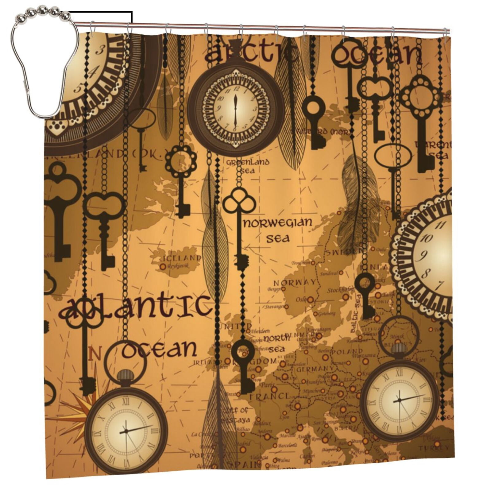 Antique World Map Clocks Old Shower Curtain with 12 Iron Hooks Washable ...