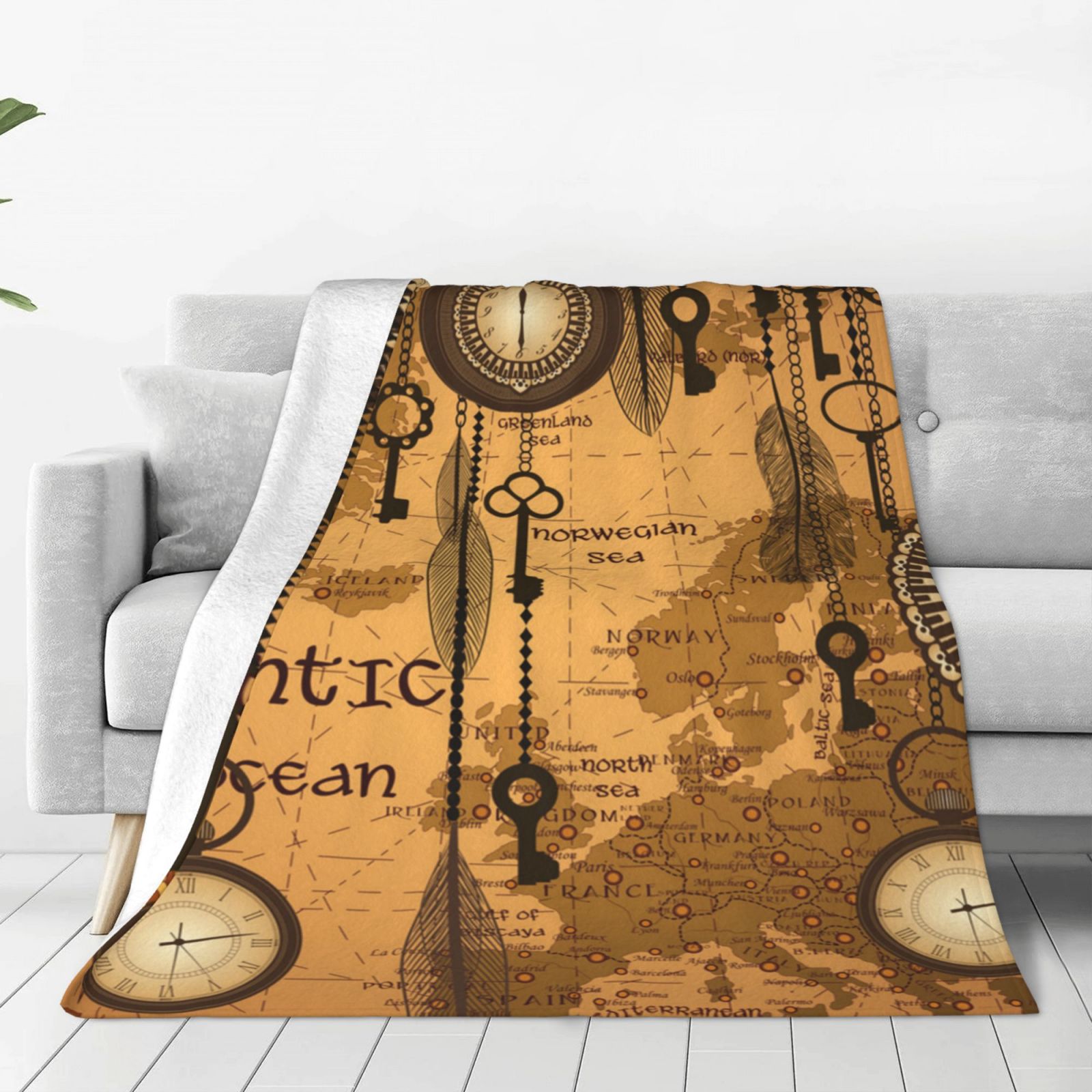 Antique World Map Clocks Old Throw Blanket Super Soft Lightweight Cozy ...