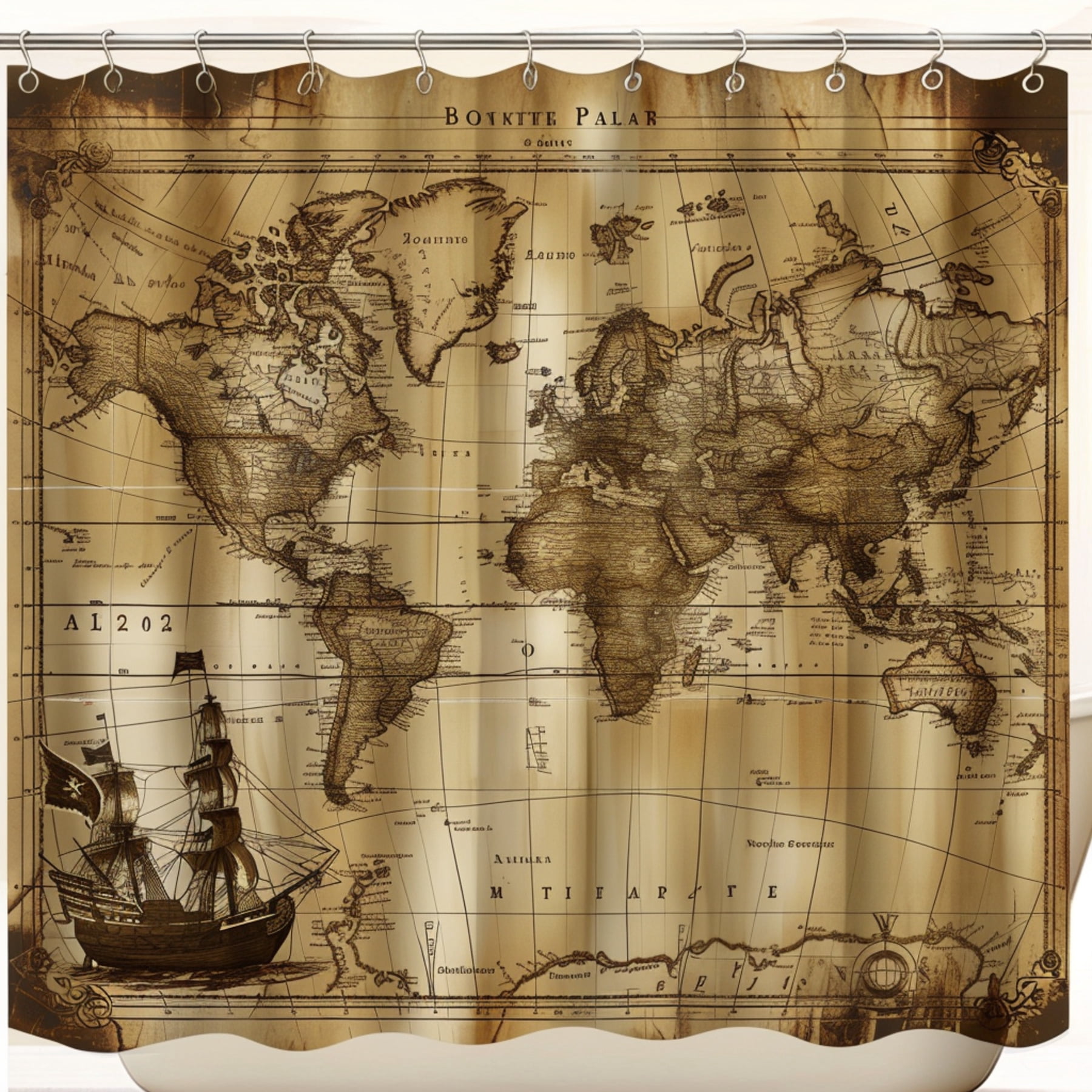 Antique World Map with Pirate Ship in Brown and Beige Nautical Bathroom ...