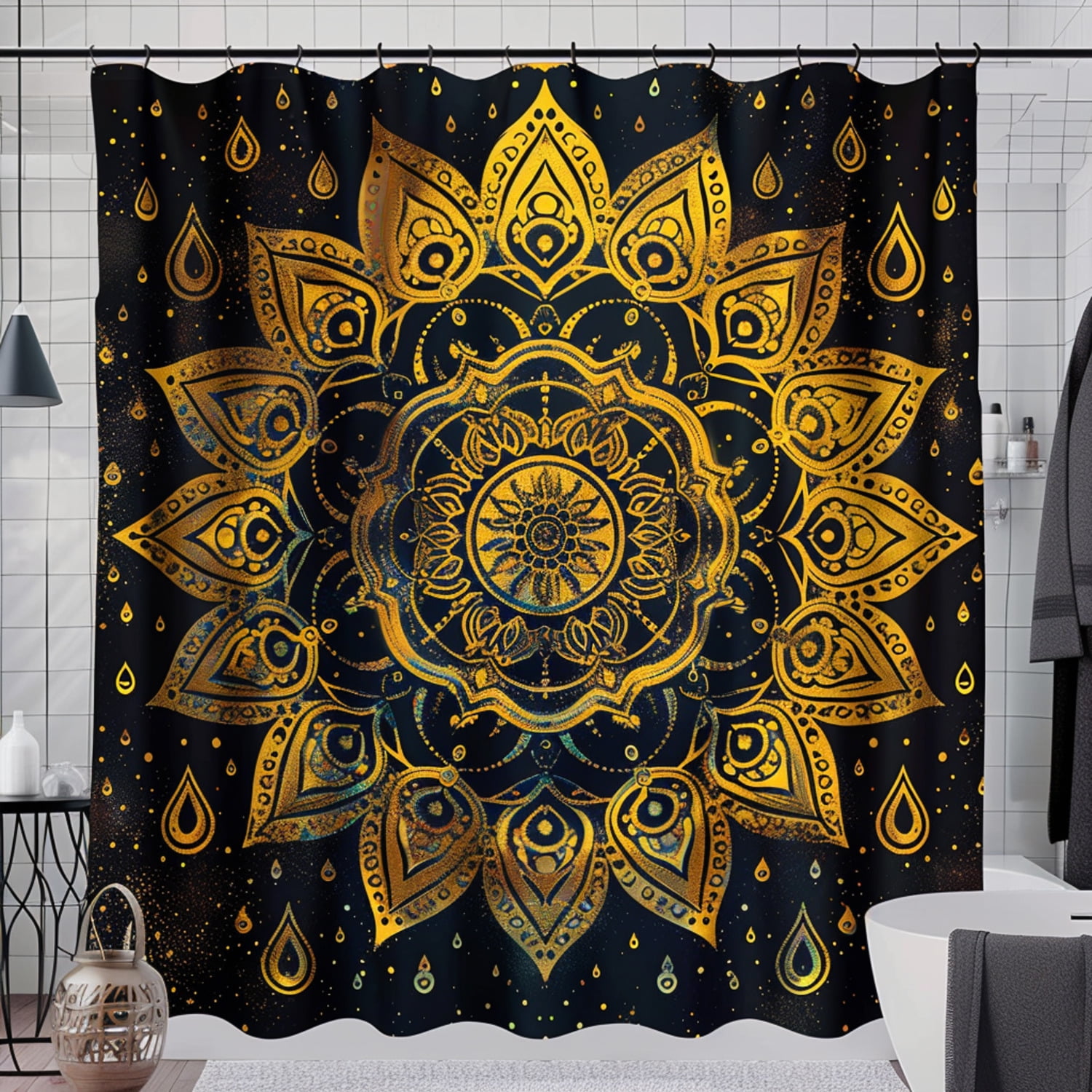 Antique Yellow & Black Mandala Raindrop Indian Design Shower Curtain ...