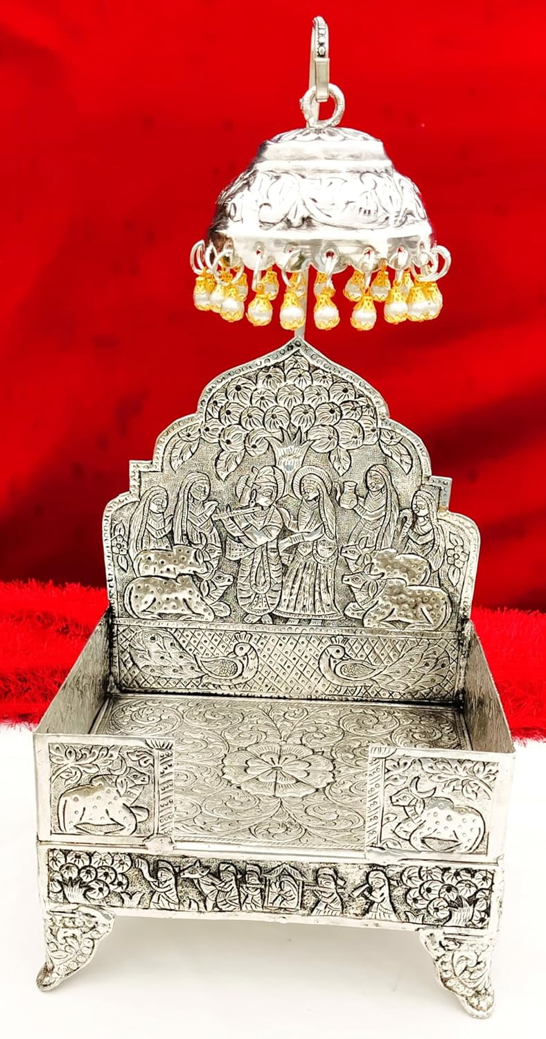 Antique finish German silver RADHA KRISHNA engraved singhasan with ...