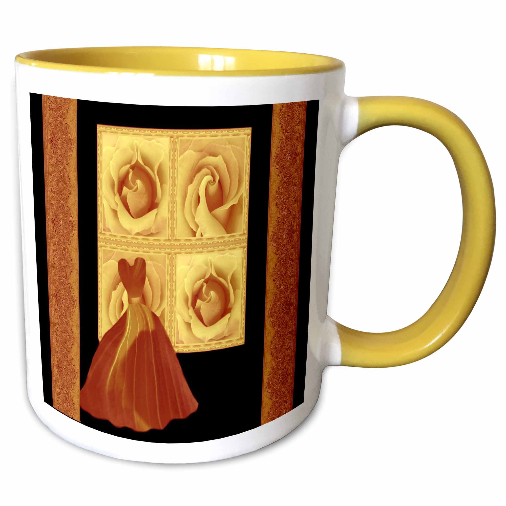 Antique gold design with elegant gown roses and damask ribbons on black ...