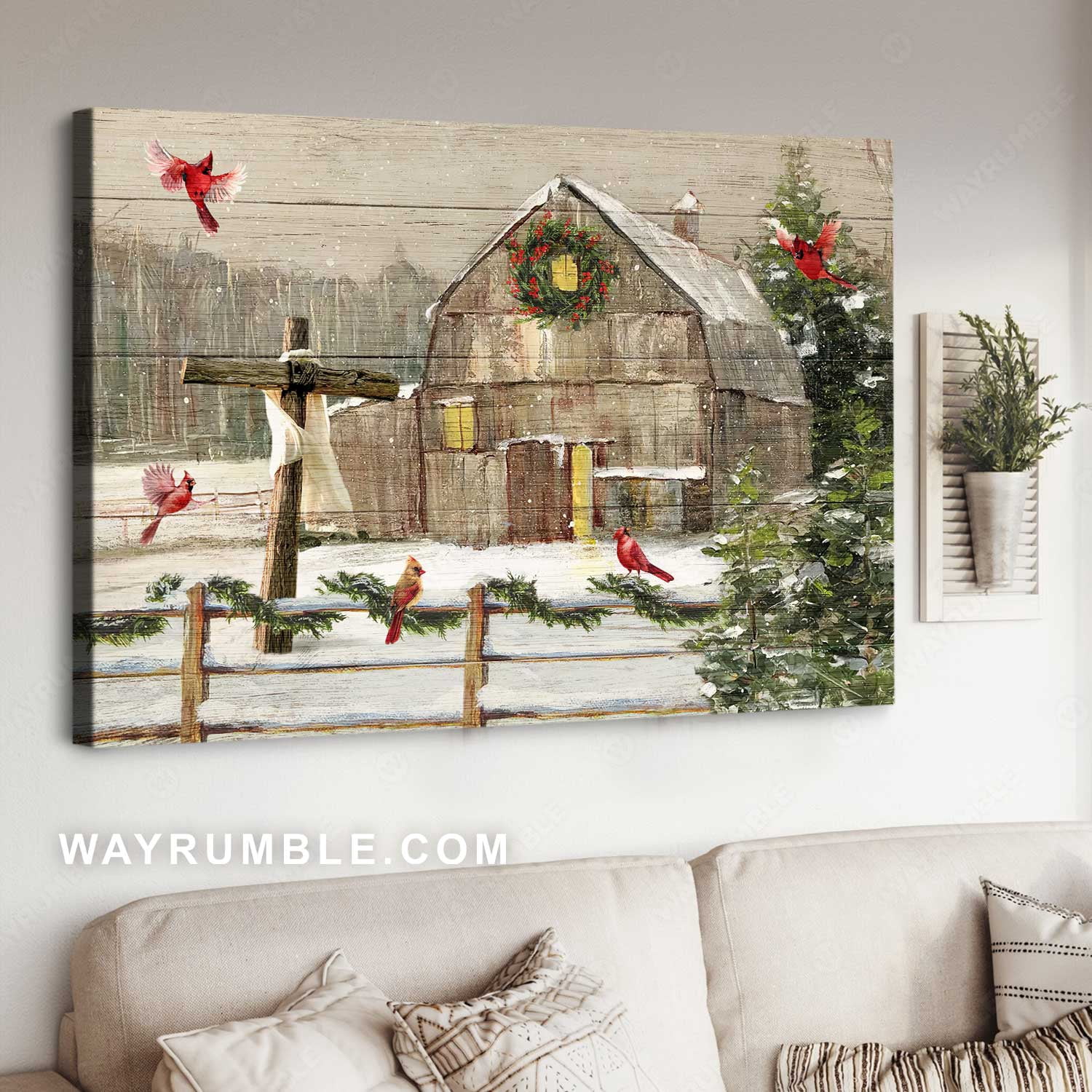 Antique house, Christmas wreath, Red cardinal, Winter painting - Jesus ...