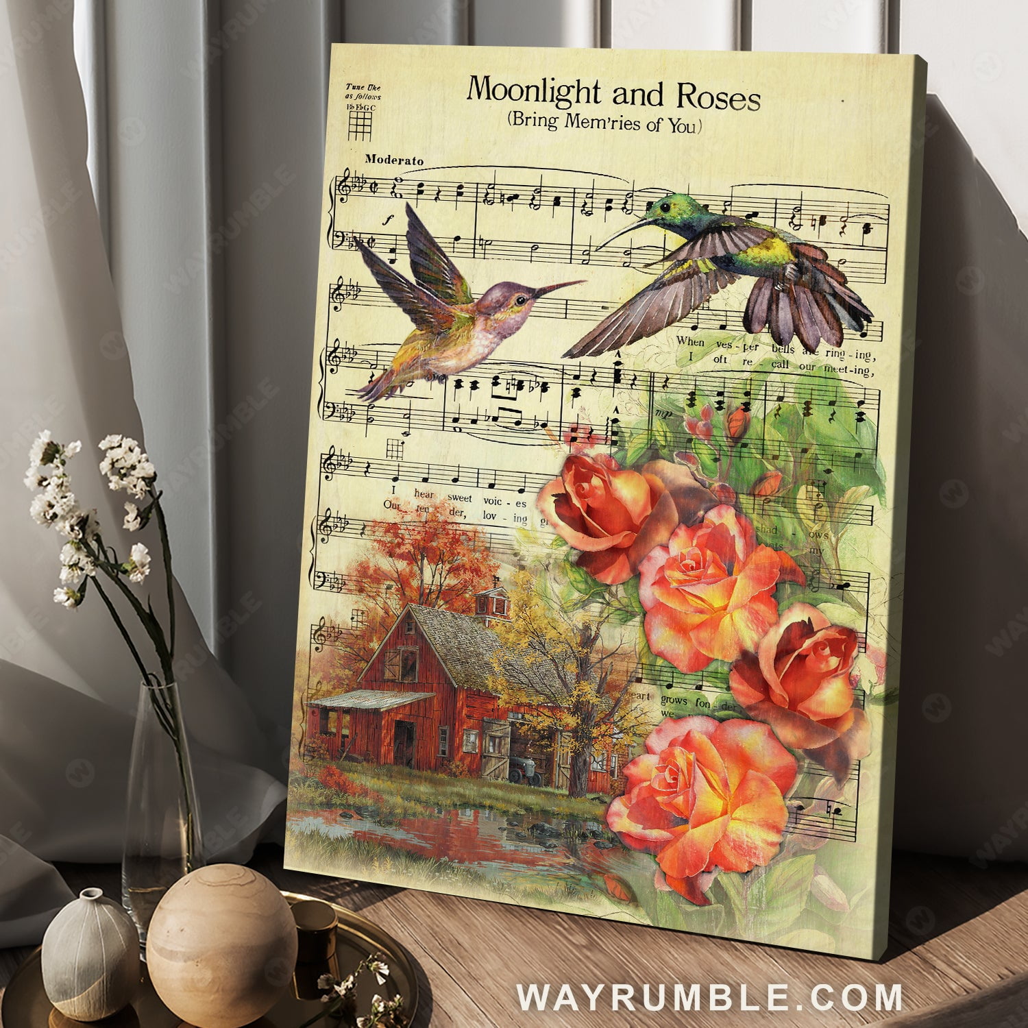 Antique music sheet, Big hummingbird, Orange rose, Moonlight and roses ...