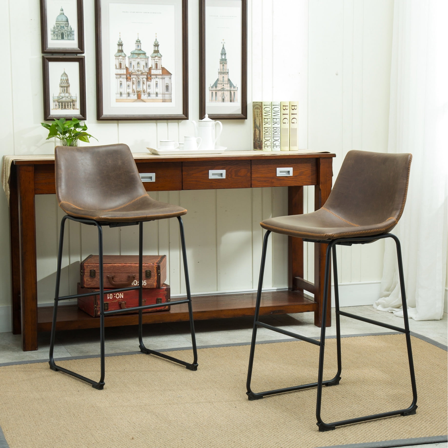 Antique - style Leather Barstools Set | In Dining Halls and Coffee Shops | Metal Frame and ...