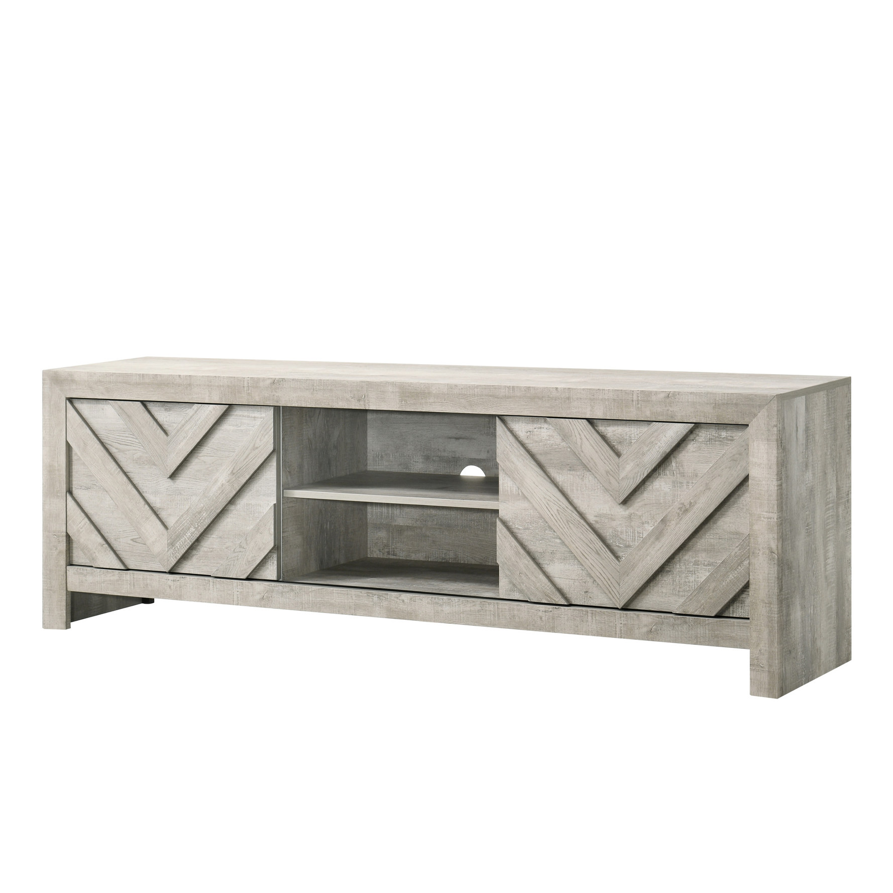 Antique white wood TV stand with sliding doors, open shelving and cable ...