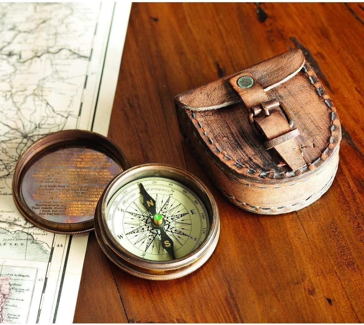 Antiqued Brass Poem Compass with Leather Case Antique Look - Walmart.com