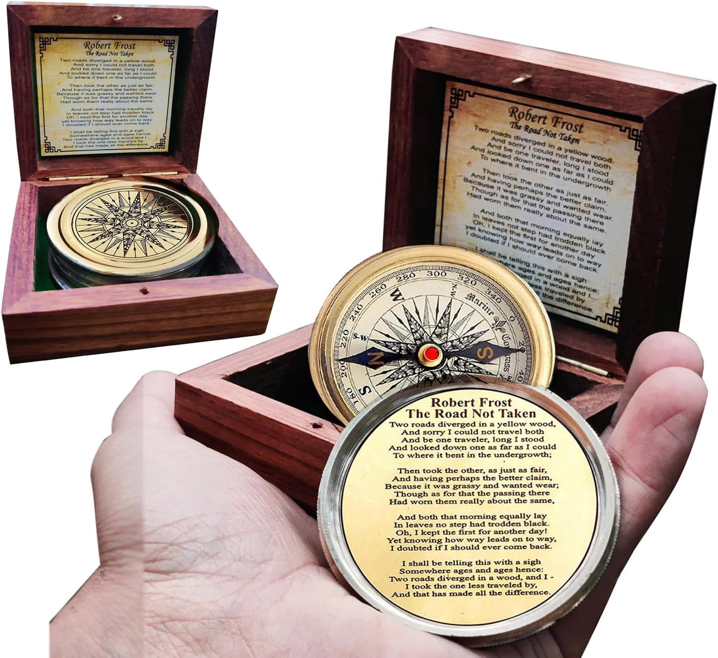 Antiqued Brass Robert Frost Poem Compass with Wooden Box, Inspirational ...