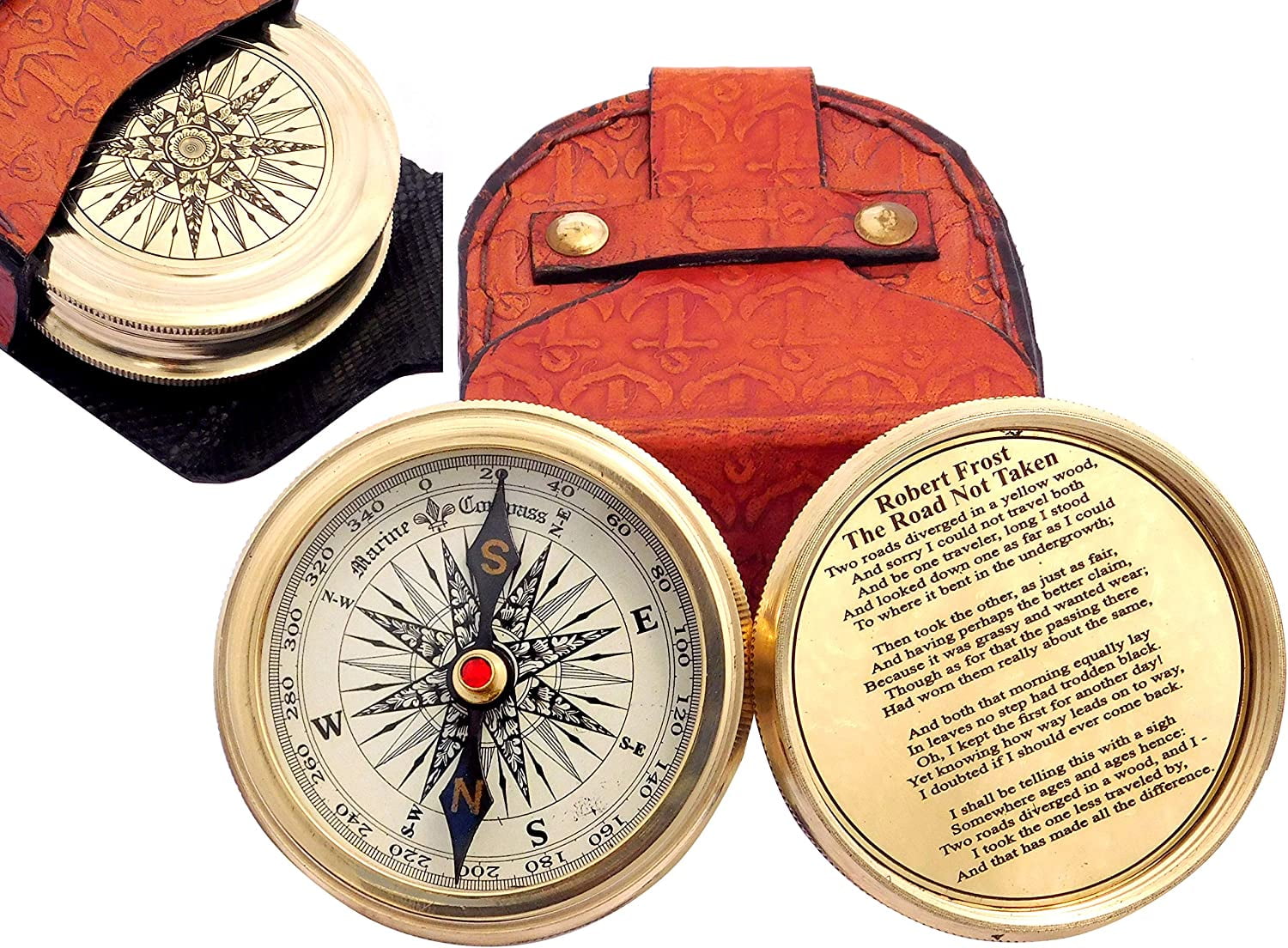Antiqued Brass Robert Frost Poem Compass with Wooden Box -Romantic Gift ...