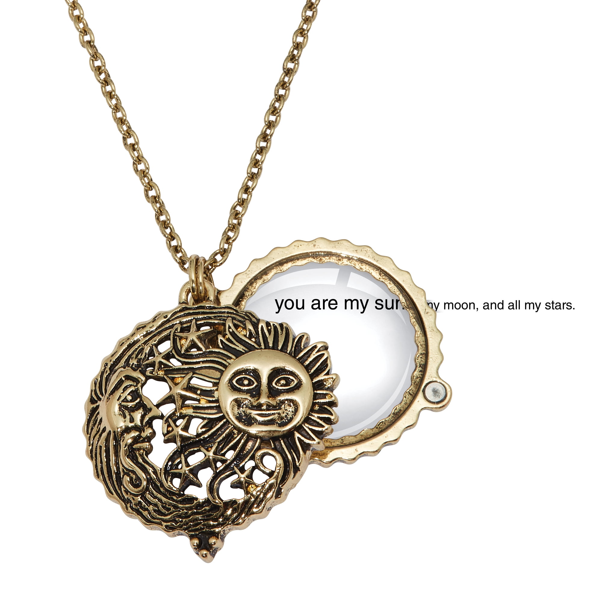 Antiqued Goldtone Sun Moon Stars Magnifying Glass Pendant Necklace 18 ...
