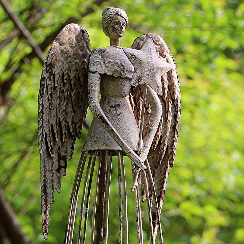 Antiqued Metal Garden Angel Statue with Star Wand, Indoor Outdoor Yard ...