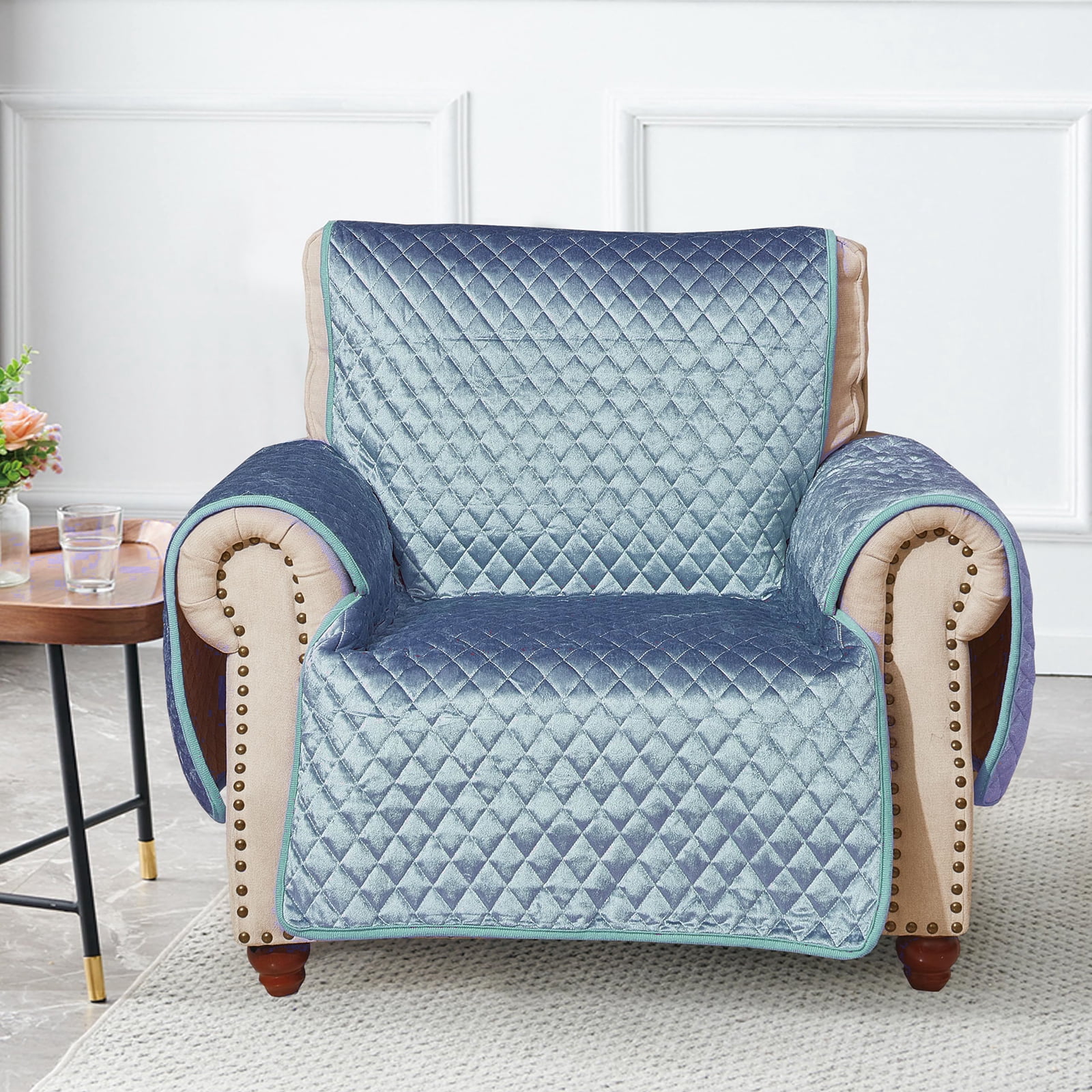Antislip Velvet Sofa Slipcover for Leather Recliner Sofas (Blue ...