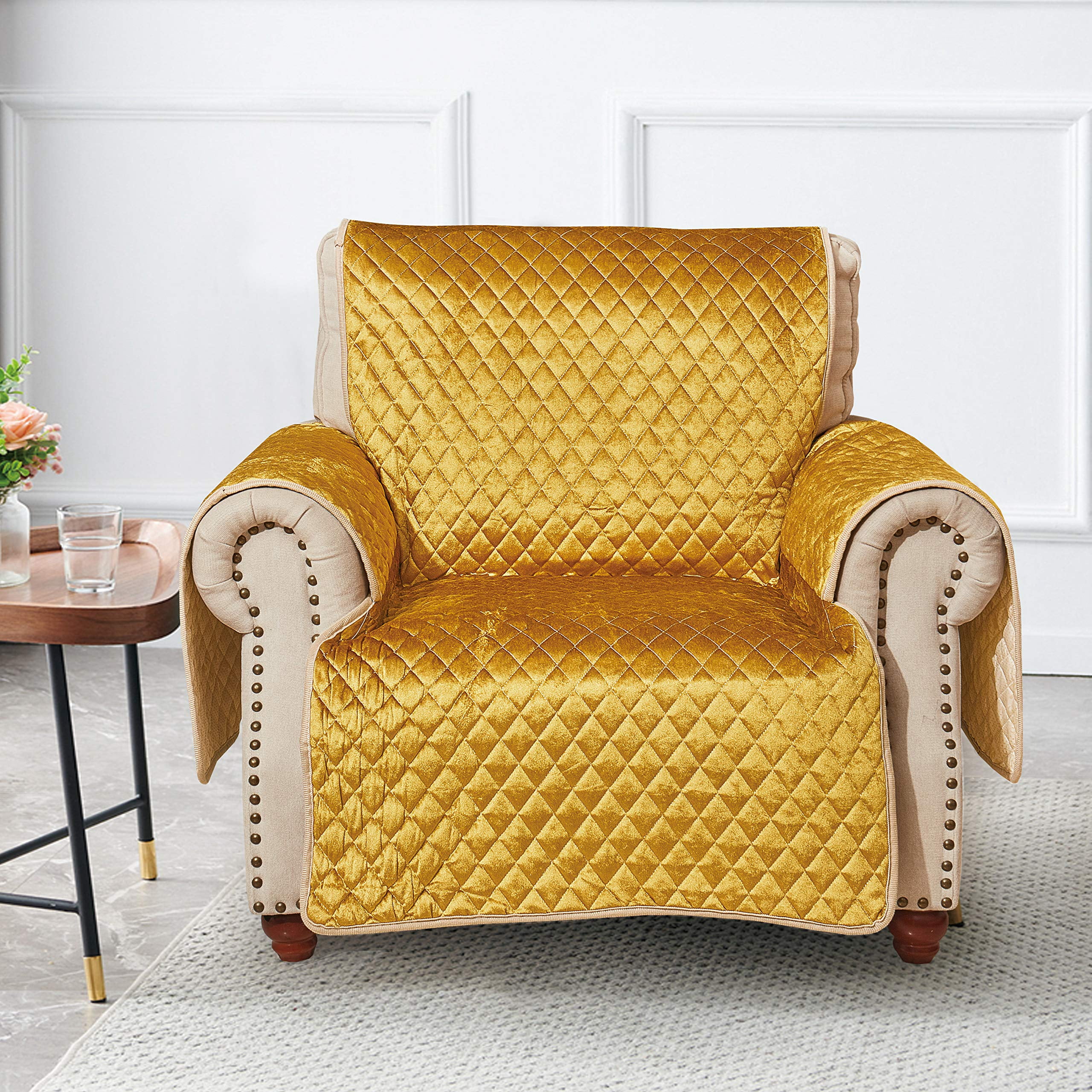Antislip Velvet Sofa Slipcover for Leather Recliner Sofas (Yellow ...