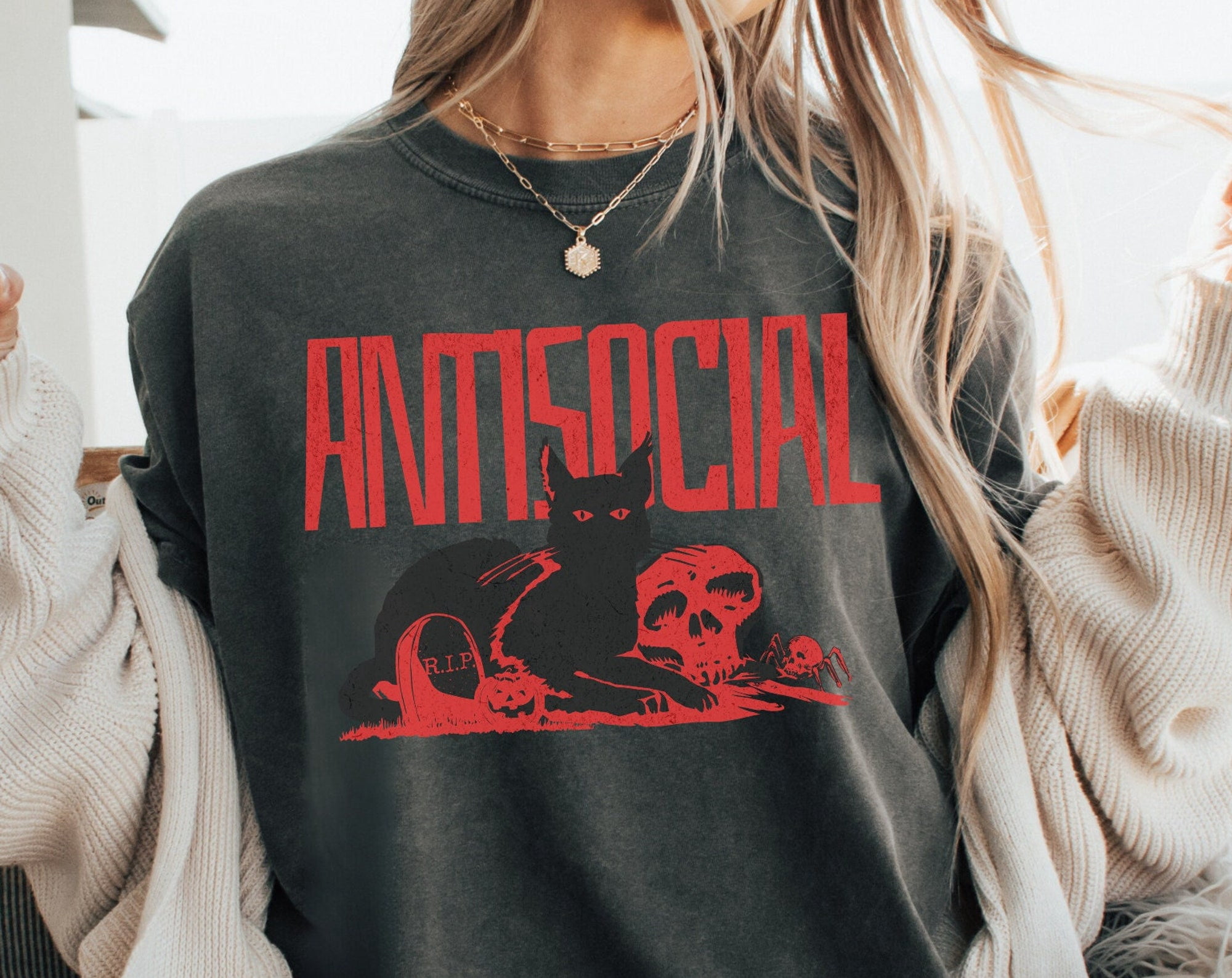 Antisocial Shirt Retro Black Cat Skull Tshirt Gothic Graphic Tee Unisex ...