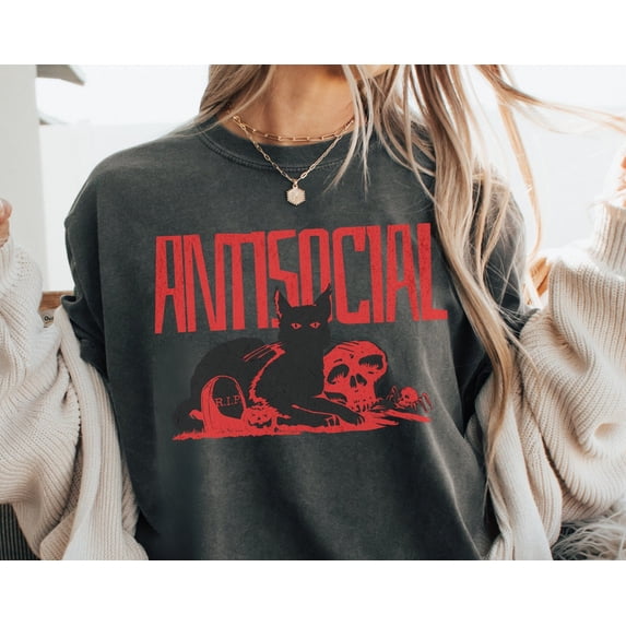 Antisocial Shirt Retro Black Cat Skull Tshirt Gothic Graphic Tee Unisex ...