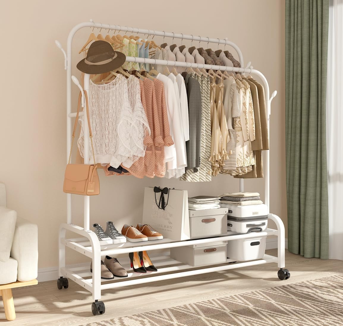Antiwar Sturdy Metal Double Rodding Clothes Rack With Wheels, Portable ...