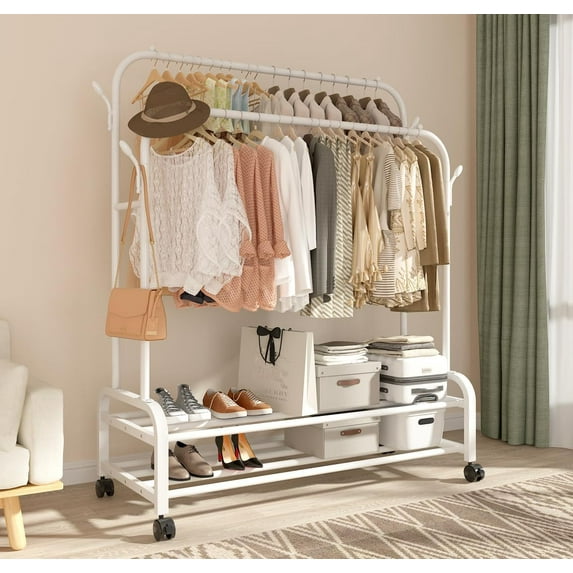 Antiwar Sturdy Metal Double Rodding Clothes Rack With Wheels, Portable ...