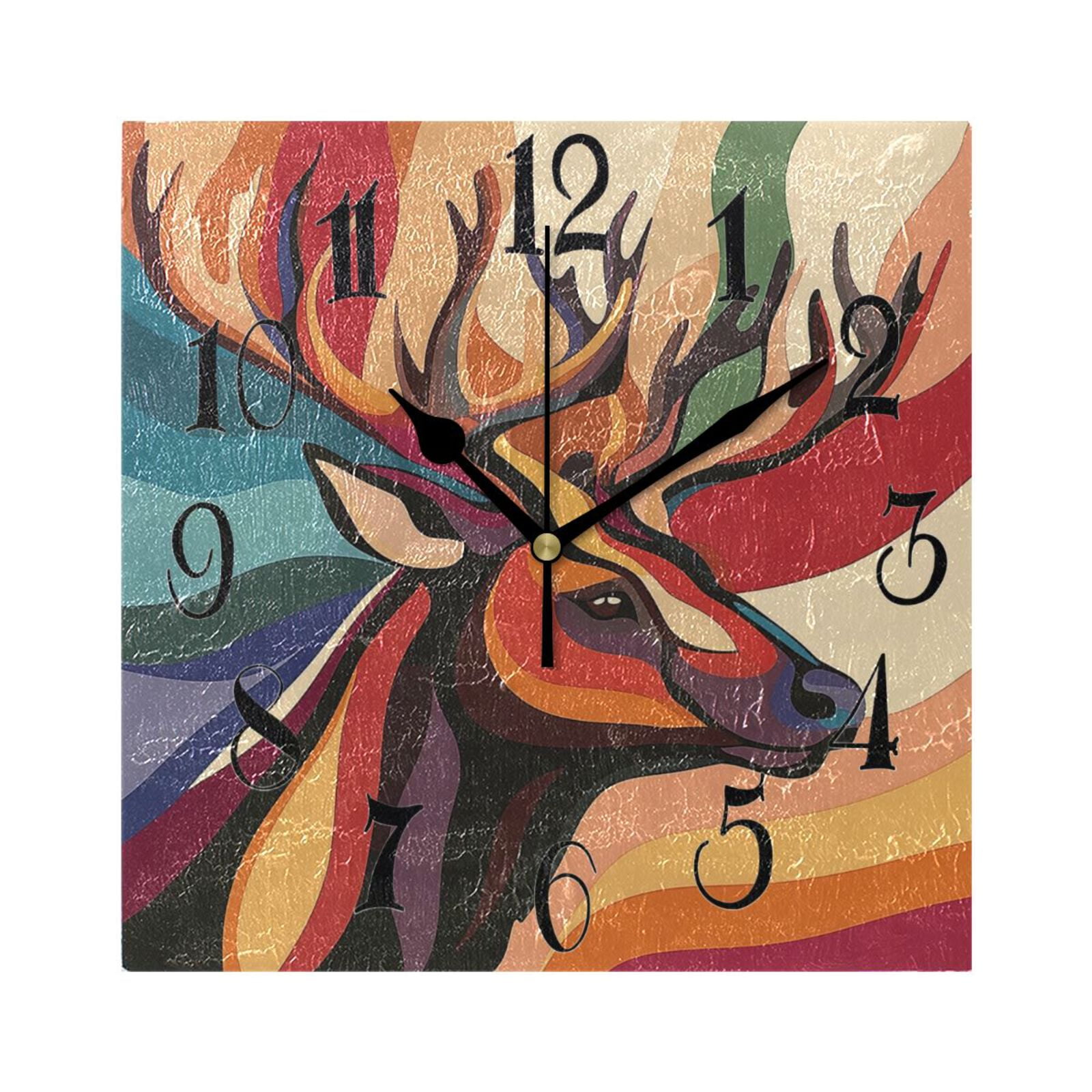 Antler Head Colorful Wall Clock Decorative Square Silent Non-Ticking ...