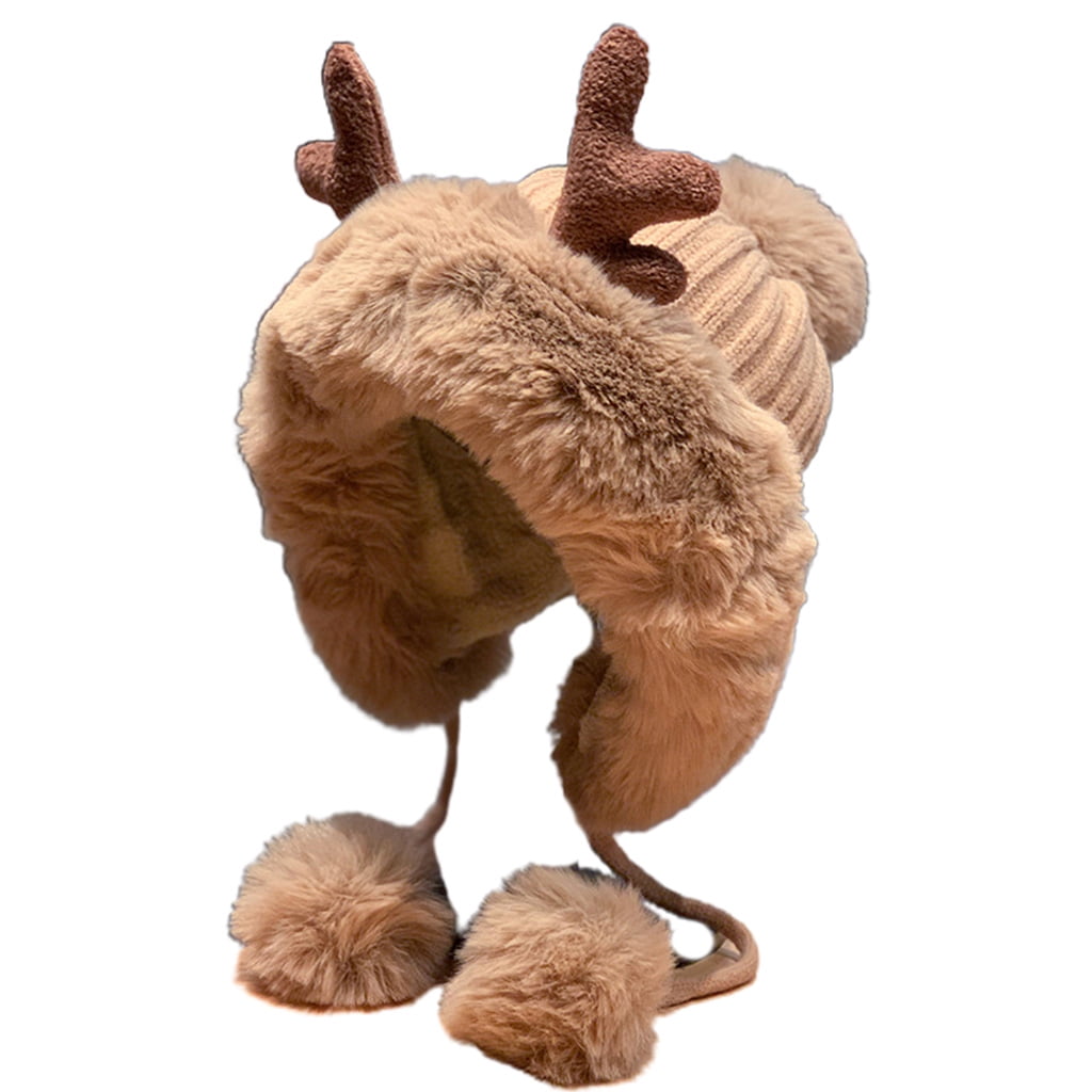Antler Pom Hat Earflap Plush Outdoor Cap Winter Warm Gift for Wife ...