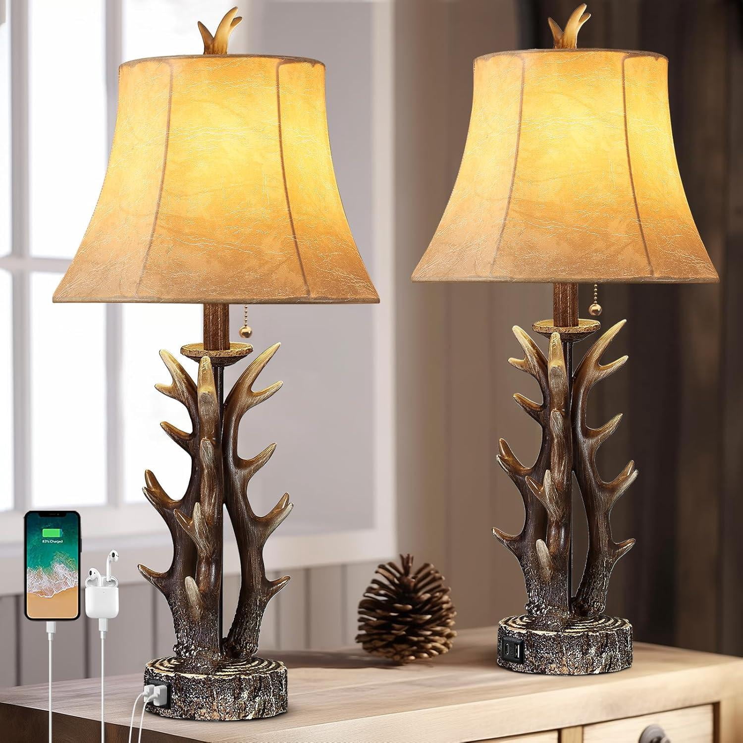 Antler Table Lamps Set of 2 with USB A+C Ports 28" Tall Rustic ...