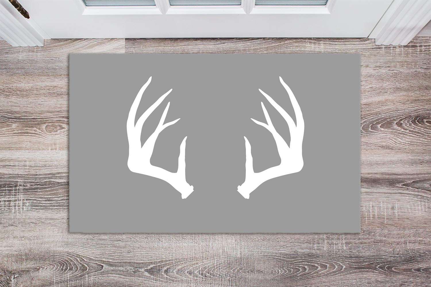 Antler and Welcome Door Mat, Welcome Home Door Mats-Grey-Antlers White ...