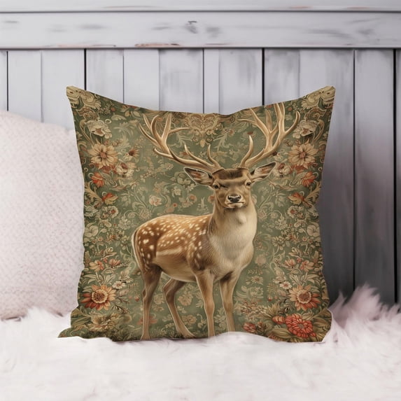 Antlered Deer Floral Olive Brown Polyester Velvet Throw Pillow Cover, 2 ...