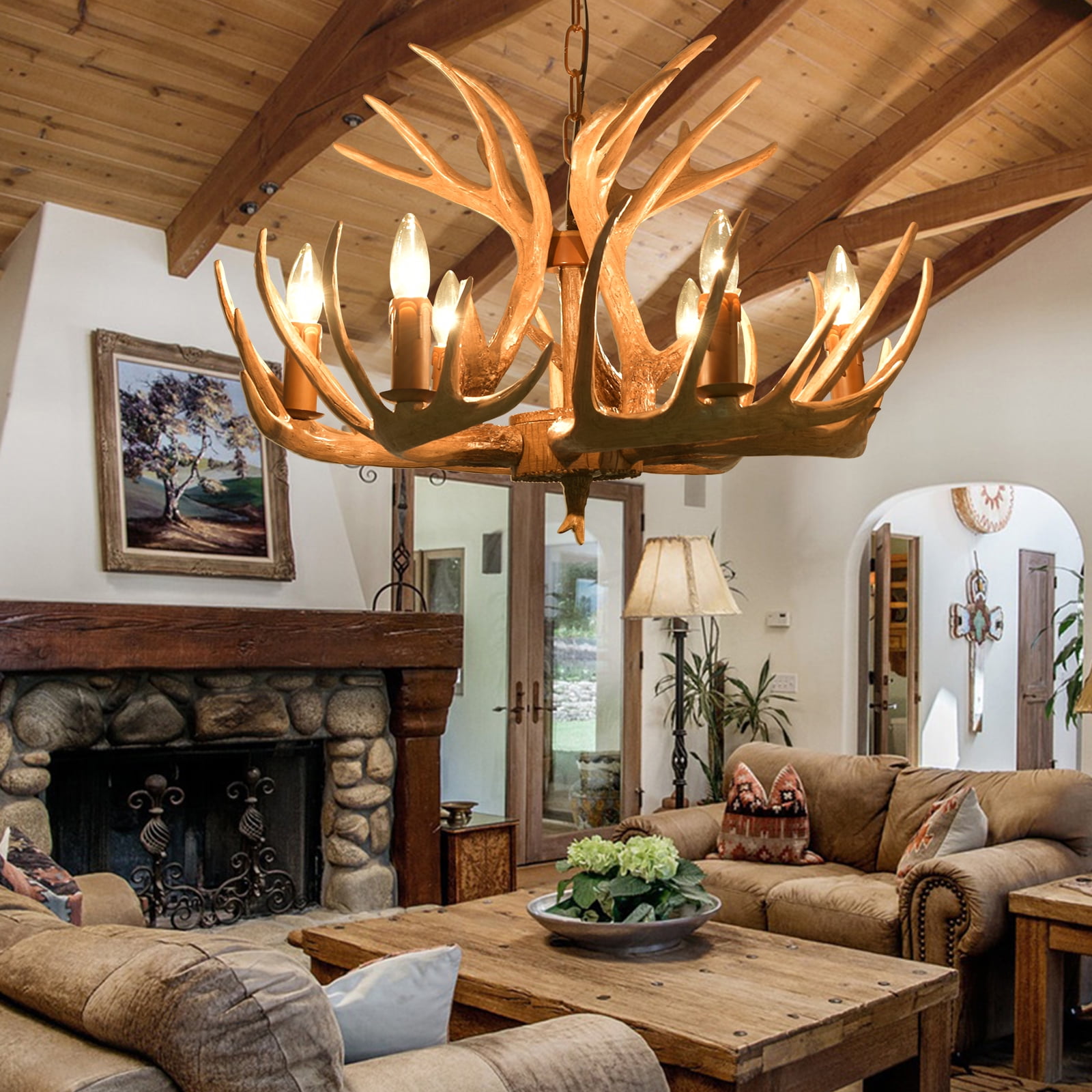 Antlers Chandelier 6 Light, Faux Resin Antler Chandelier Lighting ...