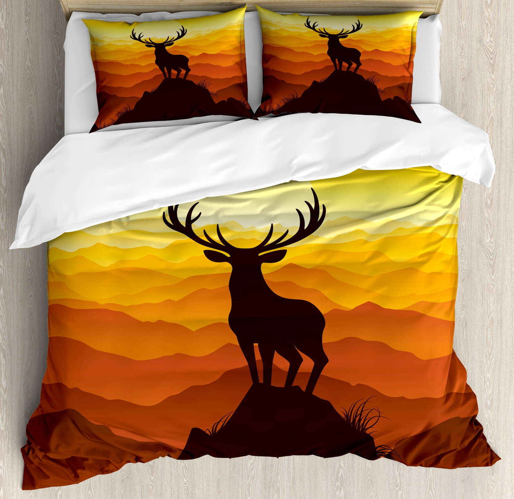 Antlers Duvet Cover Set, Deer at Sunset Adventure Wildlife Panoramic ...
