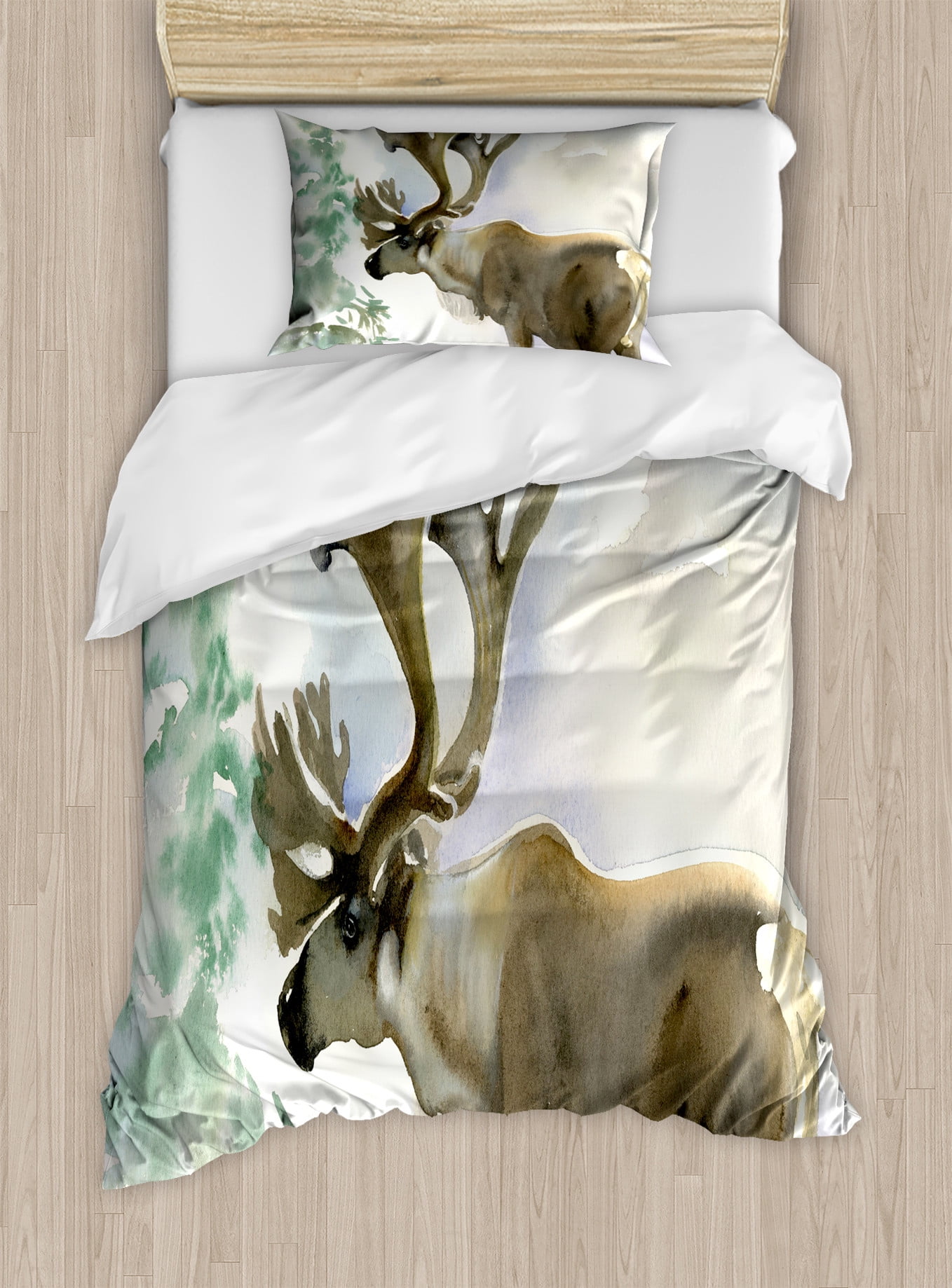 Antlers Duvet Cover Set, Moose in Winter Forest Wildlife Reindeer ...